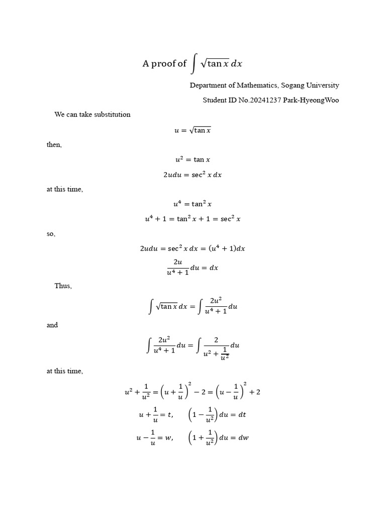 A Proof of Int SQRT (Tanx) DX | PDF | Mathematics