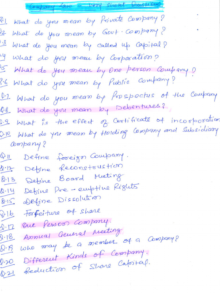 Company Law Very Short Questions | PDF