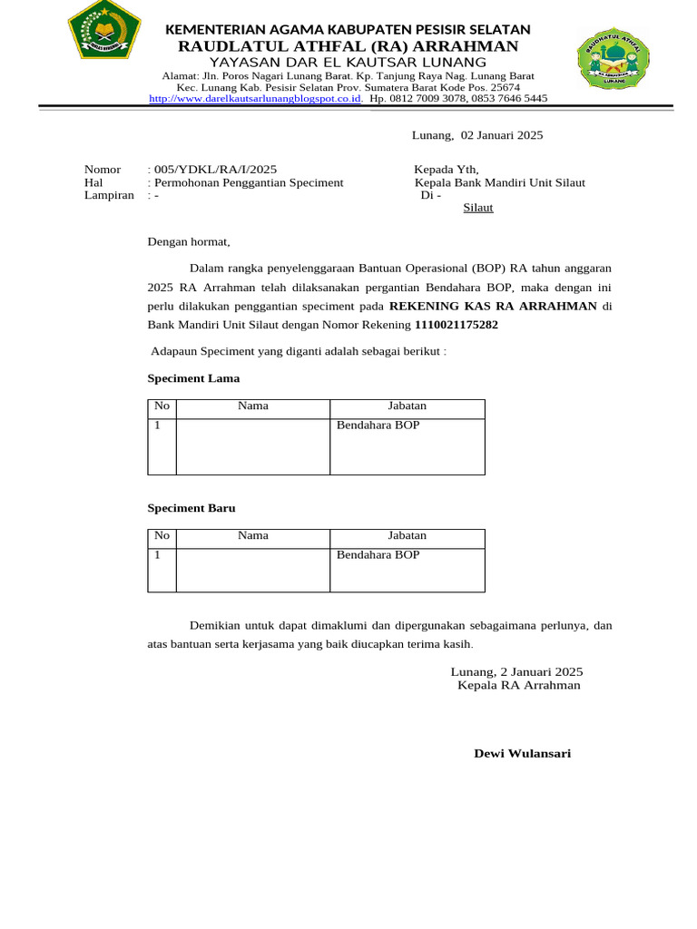 Permohonan Ganti Specimen Bank RA Arrahman | PDF