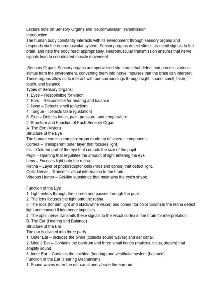 Lecture Note On-Sensory Organs and Neuromuscular Transmission | PDF ...