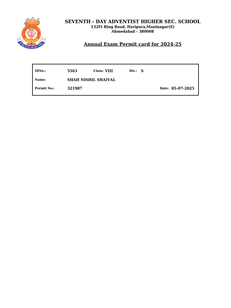 2024-25 Exam Permit for Class VIII | PDF