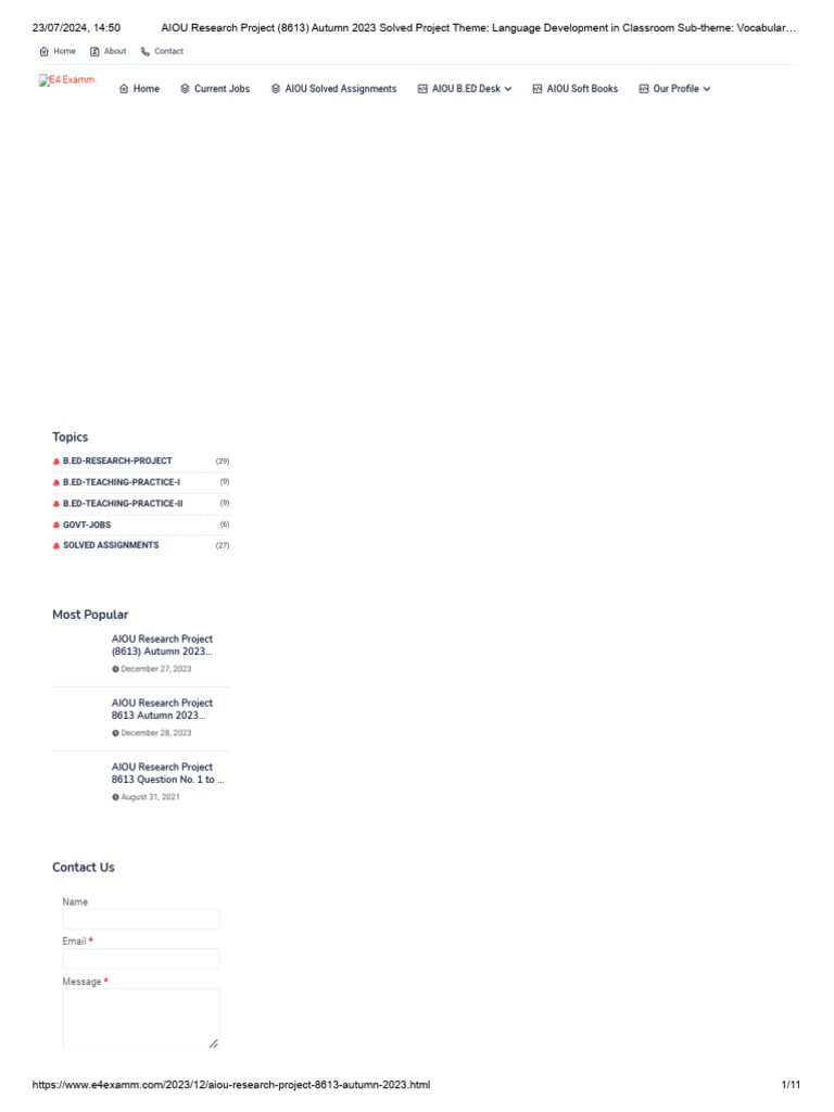 AIOU Research Project (8613) Autumn 2023 Solved Project Theme - Language Development in ...