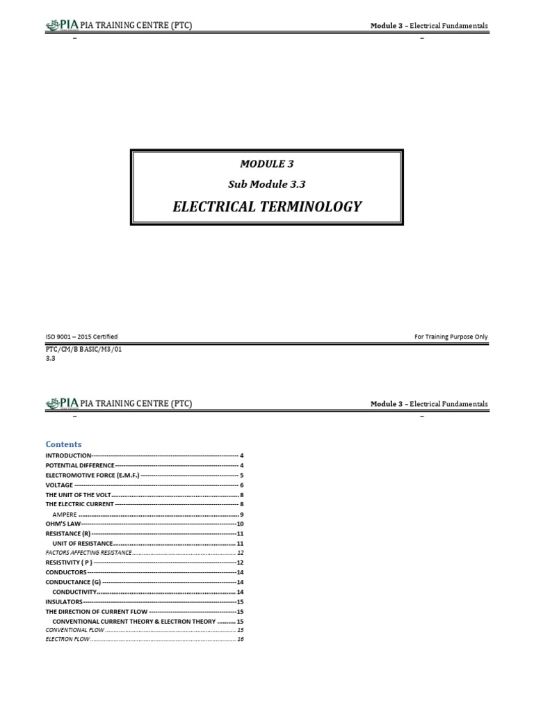 Sub Module 3.3 Electrical Terminology | PDF | Voltage | Electric Current