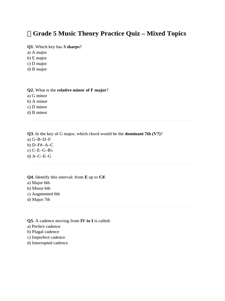 ? Grade 5 Music Theory Practice Quiz | PDF