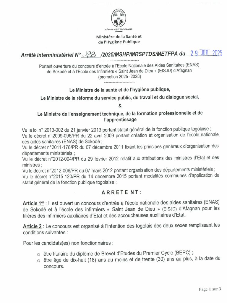 Arrete 199 - Concours Enas Sokode 2025 | PDF