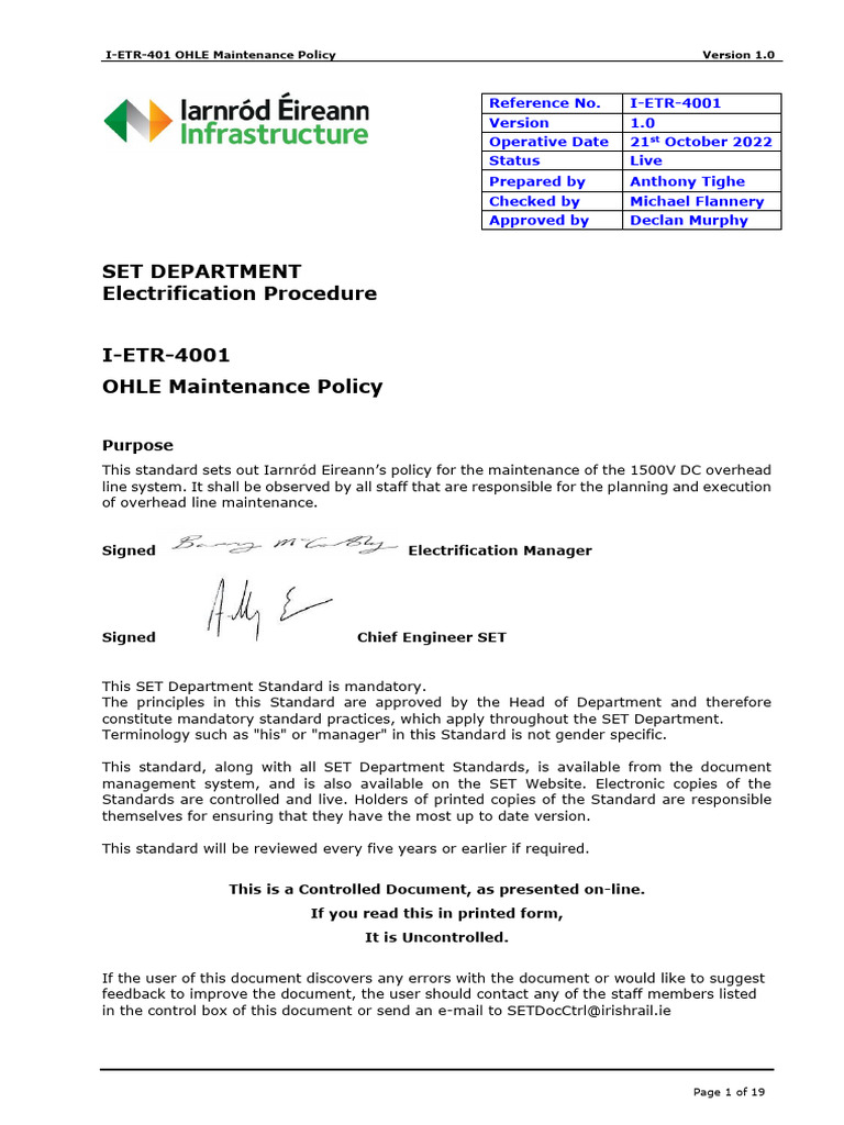 I-ETR-4001 Iss.1.0 OHLE Maintenance Policy | PDF | Electricity ...