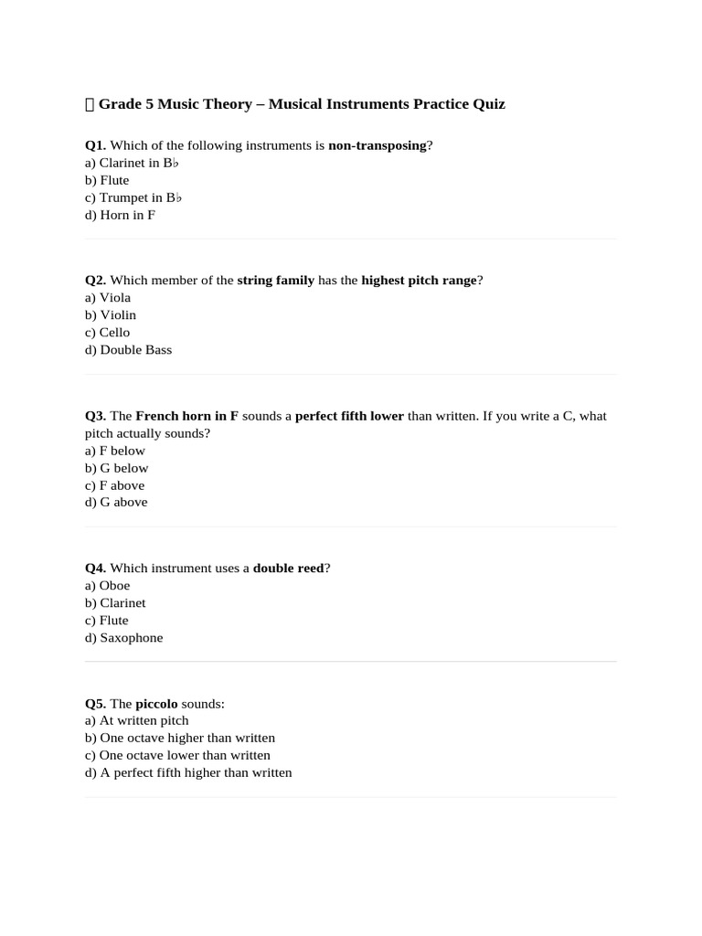 Grade 5 Music Theory Quiz on Instruments | PDF