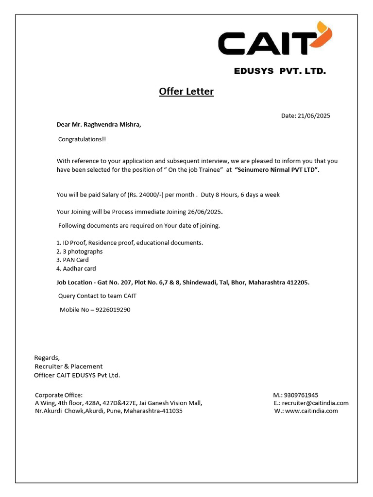Raghvendra Mishra. Offer Letter | PDF