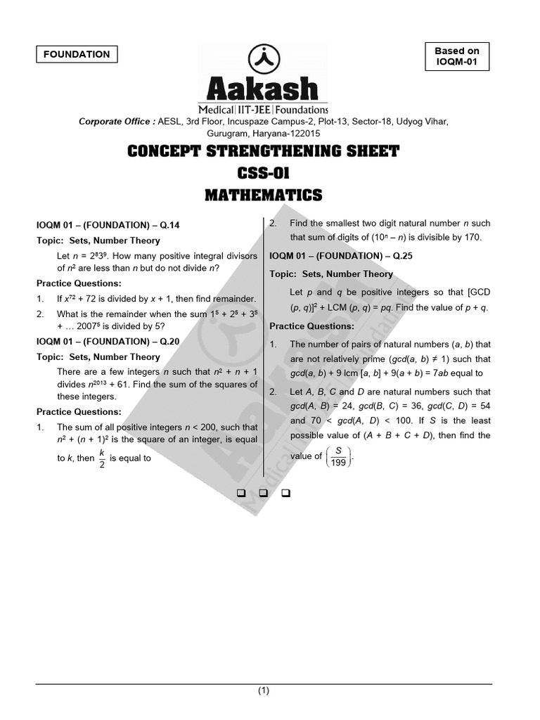 Concept Strengthening Sheet (CSS-01) Based On IOQM-01 (FDN) - Maths | PDF | Numbers | Number Theory