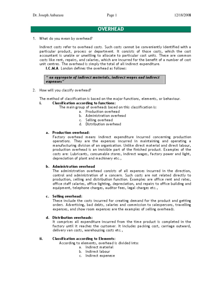 Overhead Joseph Anbarasu | PDF | Expense | Cost