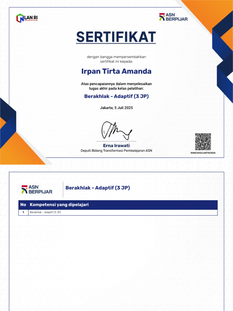 Sertifikat - Kelas Berakhlak - Adaptif (3 JP) - Irpan Tirta Amanda | PDF