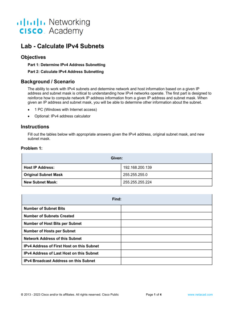 Lab 3 - Calculate IPv4 Subnets | PDF | Ip Address | Wide Area Network