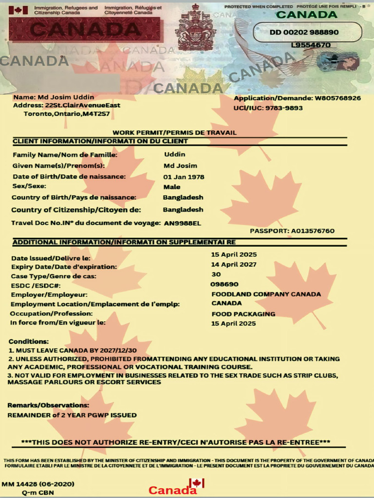 MD Josim Uddin-Work Permit | PDF