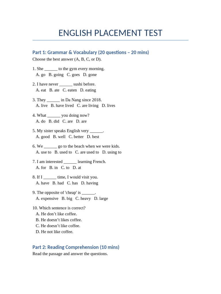 Adult English Placement Test Guide | PDF | Learning | Human Communication