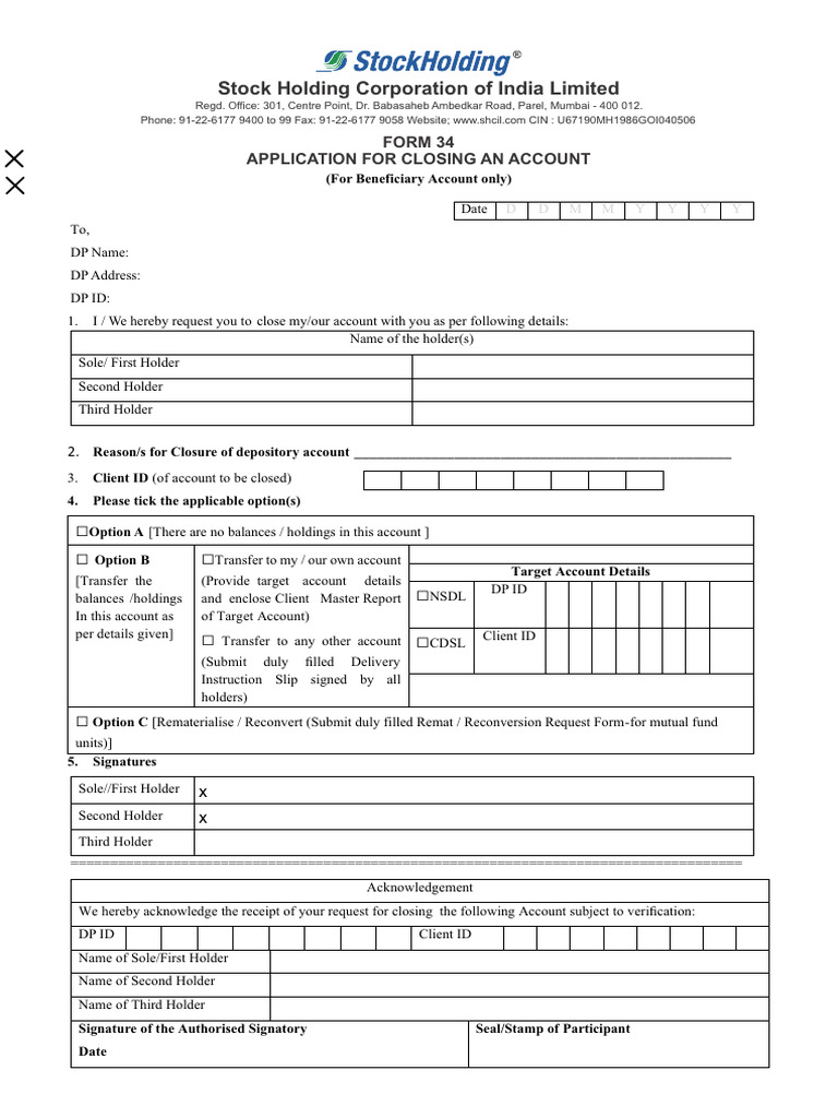 Stock Holding Account Closure Form | PDF