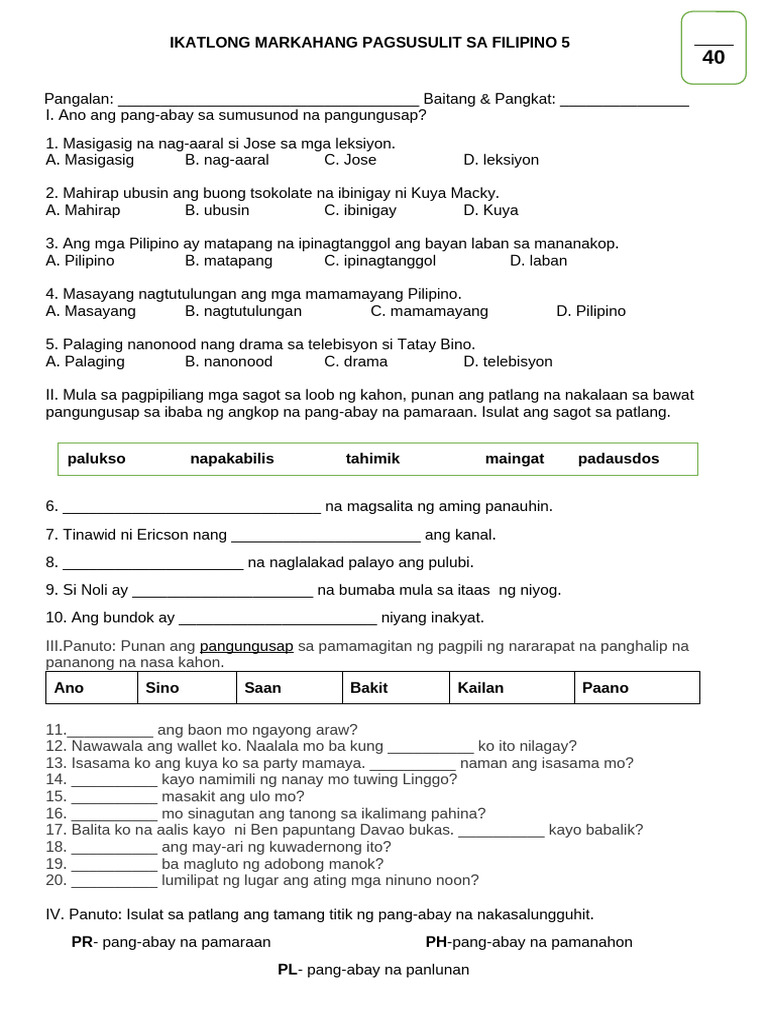 Ikatlong Markahang Pagsusulit Sa Filipino 5 | PDF