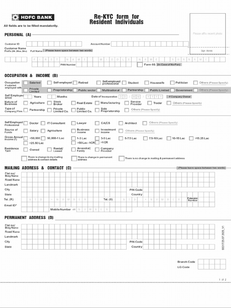 HDFC Bank Rekyc Individual Form | PDF