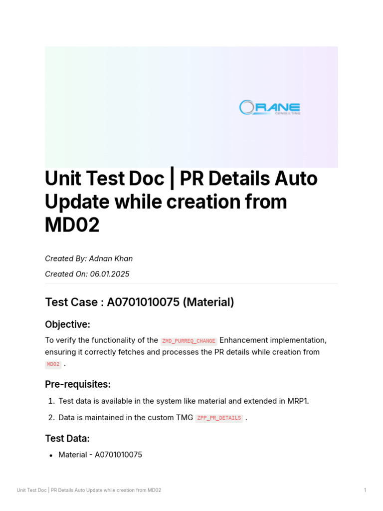 Unit Test Doc PR Details Auto Update While Creation From MD02 | PDF