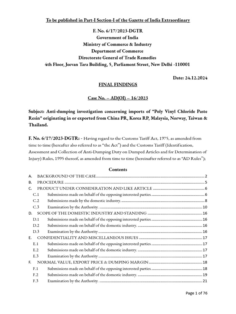 Final Findings - Ad - PVC Paste Resin - DGTR - 24.12.2024 | PDF | Dumping (Pricing Policy ...