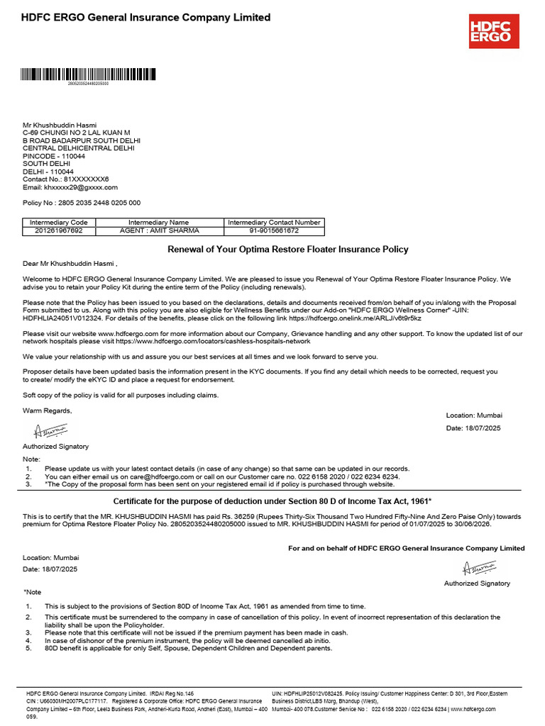 Renewal of Your Optima Restore Floater Insurance Policy | PDF ...