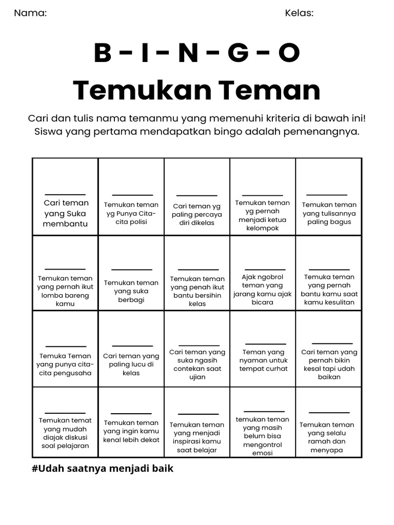 Bingo Temukan Teman Lembar Kerja Hitam Dan Putih Gaya Ilustratif | PDF