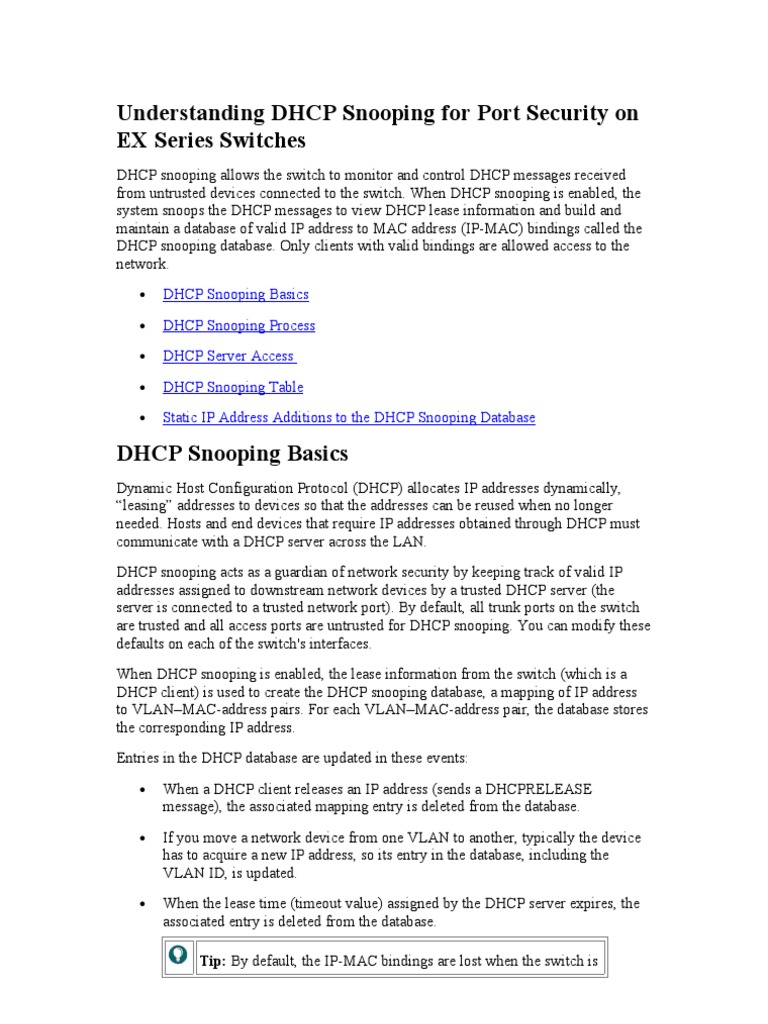 Understanding DHCP Snooping For Port Security On EX Series Switches | PDF | Ip Address | Port ...