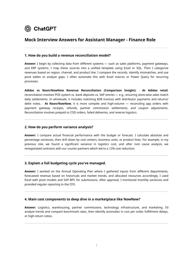 Mock Interview Guide: Finance Assistant Manager | PDF | International ...