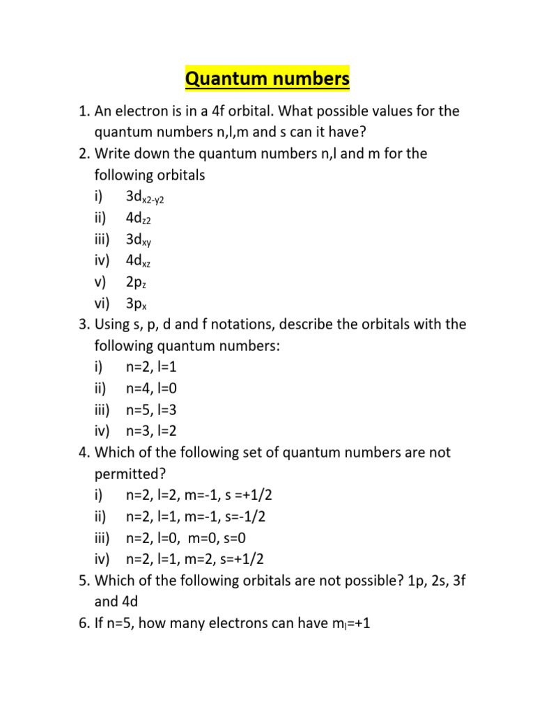 Quantum Numbers Practice Questions | PDF