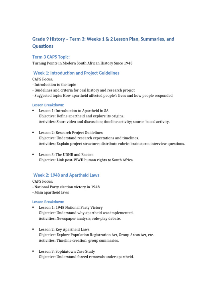 Grade 9 History Term3 Weeks1-2 Plan Summary QA | PDF | Apartheid ...