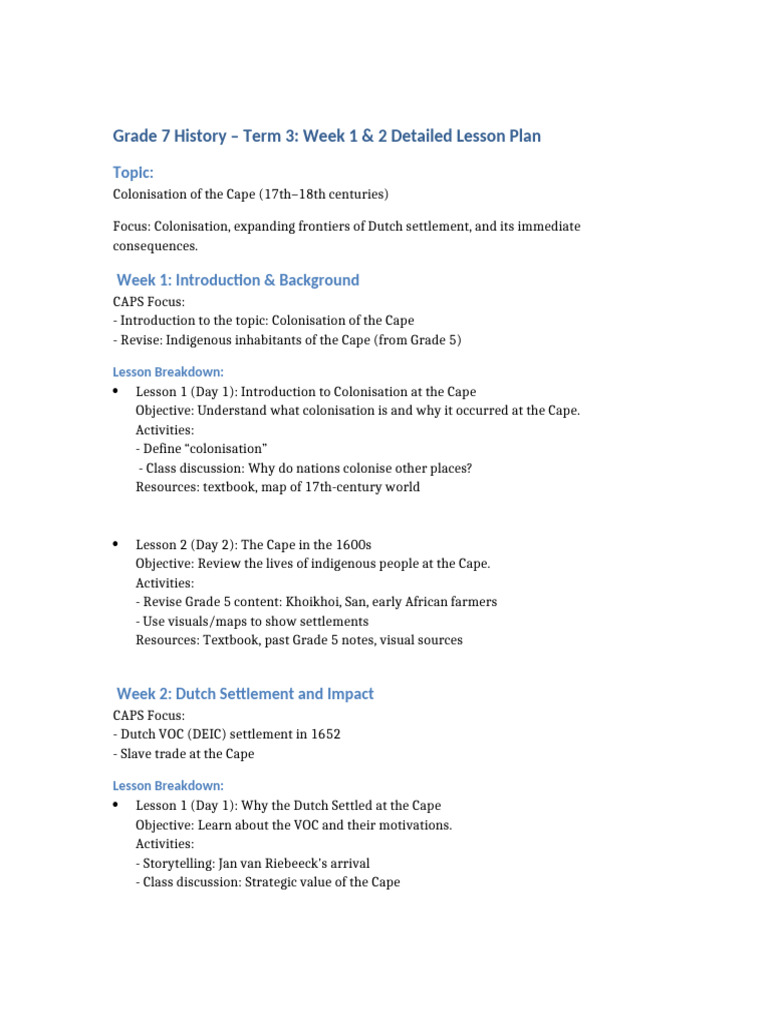 Grade 7 History: Term 3 Lesson Plans | PDF