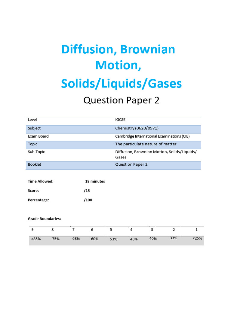 10 Diffusion Brownian Motion SolidsLiquidsGases Topic Booklet 2 CIE ...