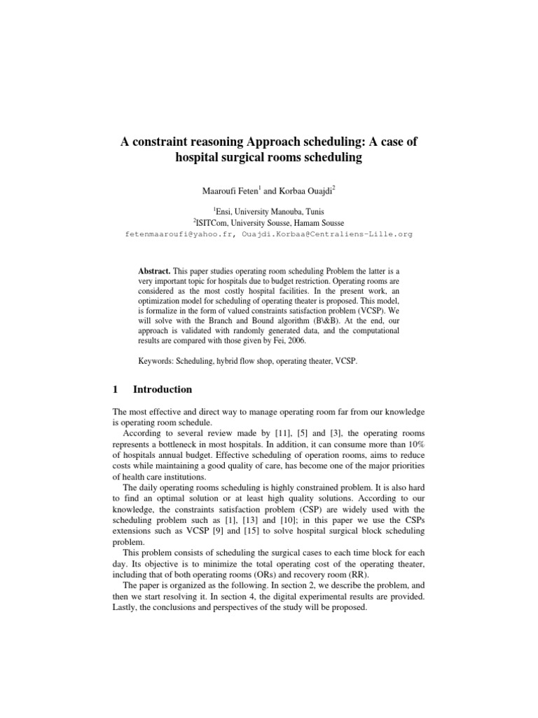 A Constraint Reasoning Approach Scheduling: A Case of Hospital Surgical Rooms Scheduling | PDF ...