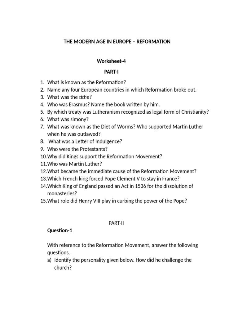 Themodernageineurope Reformation Worksheet 4 | PDF