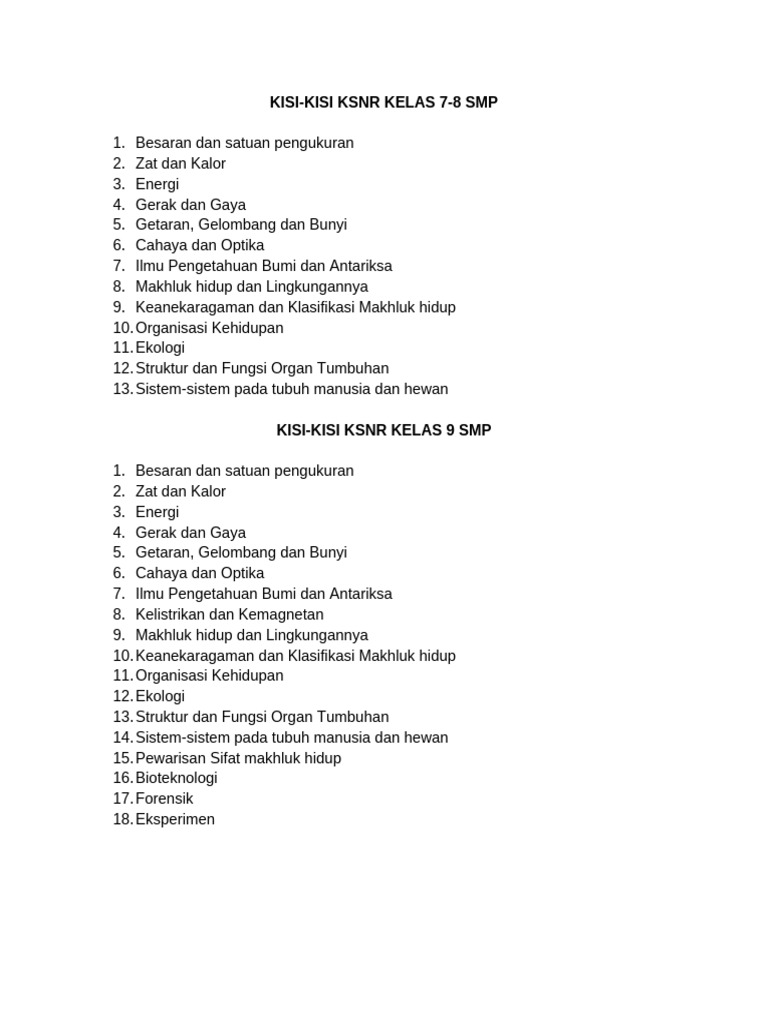 Kisi-Kisi KSNR Kelas 7-9 SMP | PDF