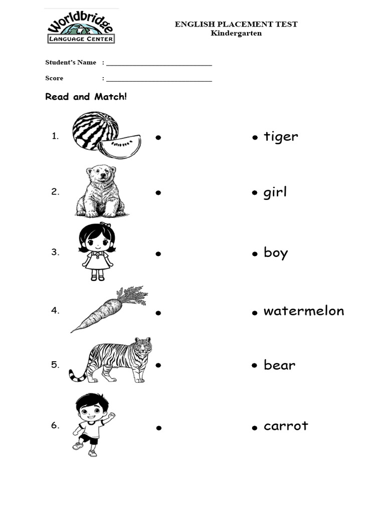 Kindergarten English Placement Test | PDF