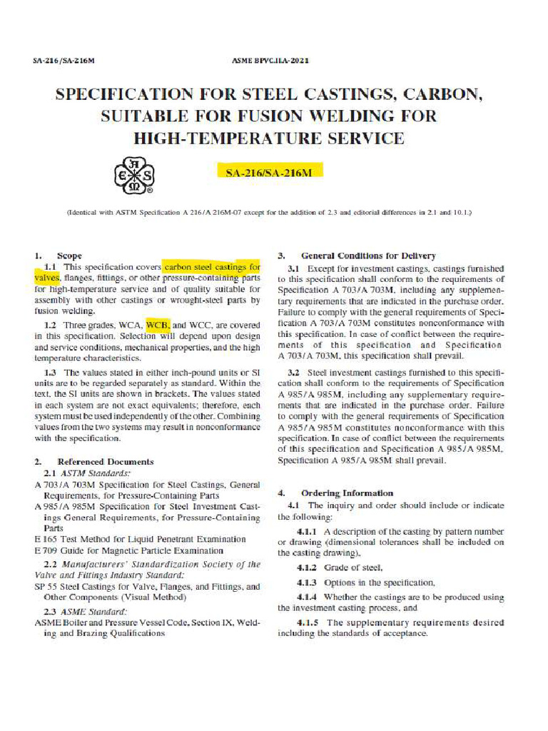 Sa-216 WCB Carbon Steel (Asme BPVC Ii.a-2021) | PDF