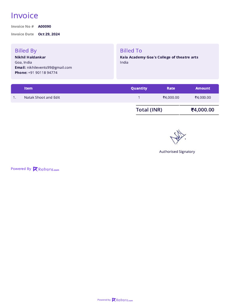 Invoice A00090 Kala Academy Goas College of Theatre Arts | PDF
