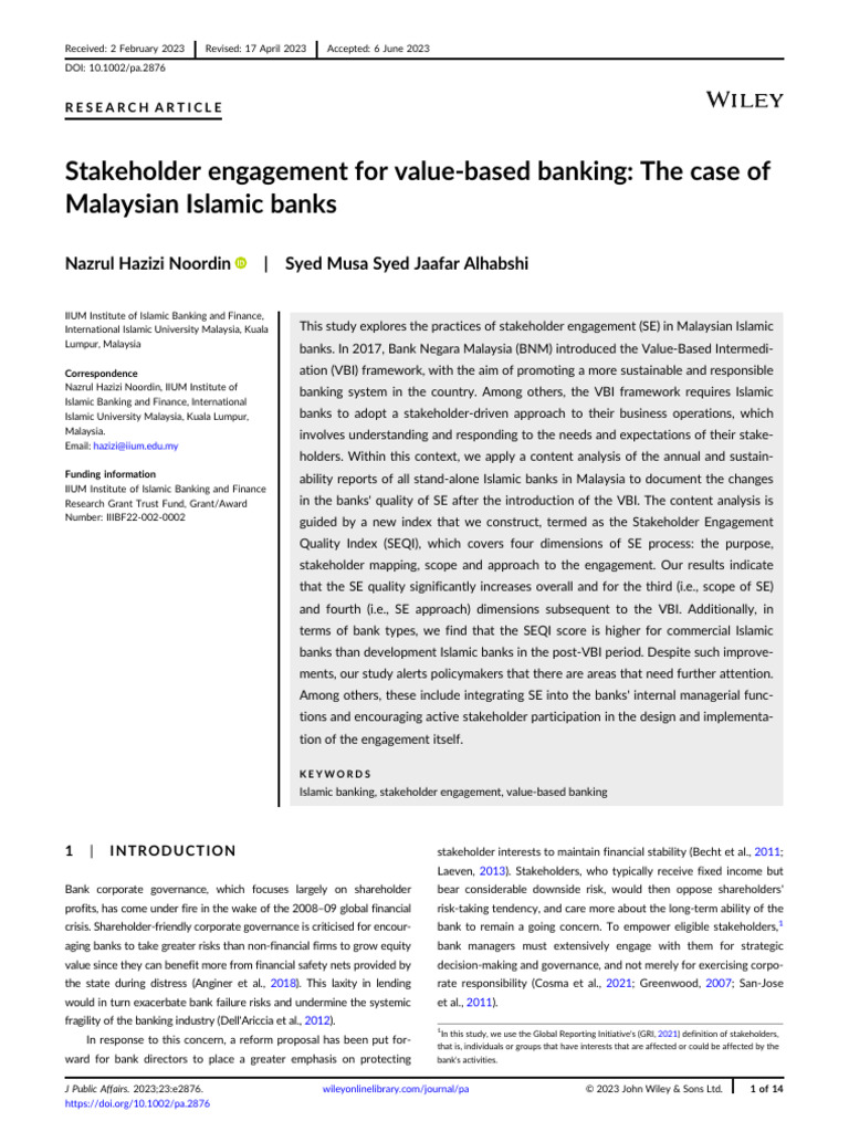 Stakeholder Engagement For Value Based Banking The Case of Malaysian Islamic Banks. | PDF ...