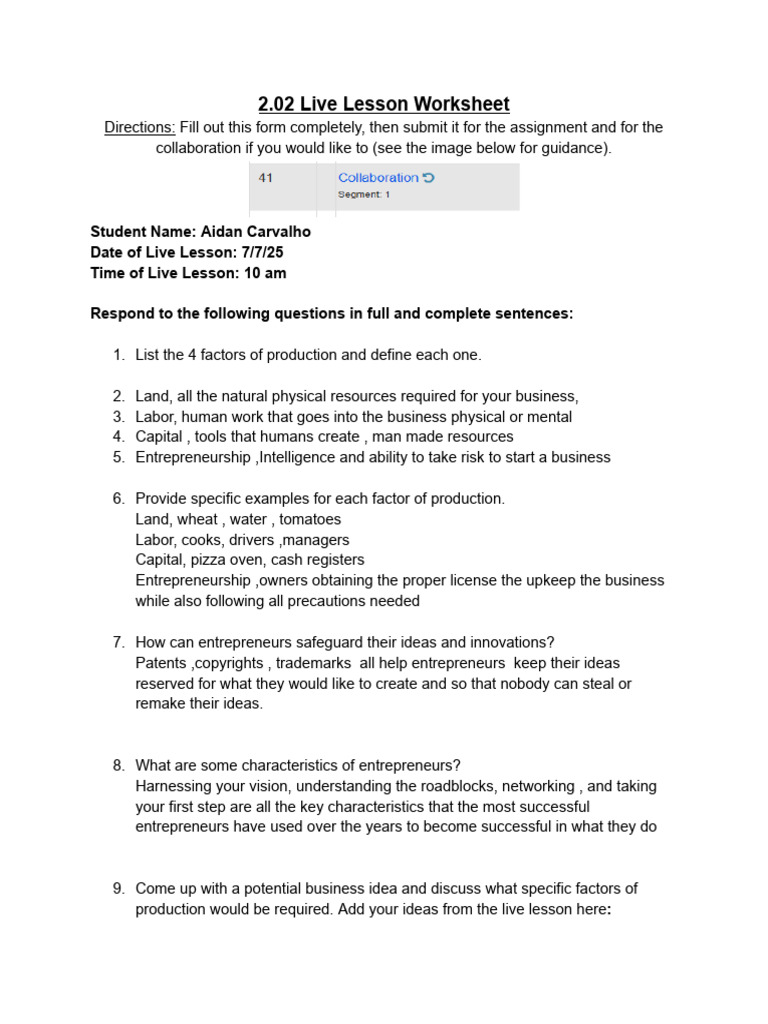 2.02 Econ Live Lesson Worksheet | PDF | Entrepreneurship