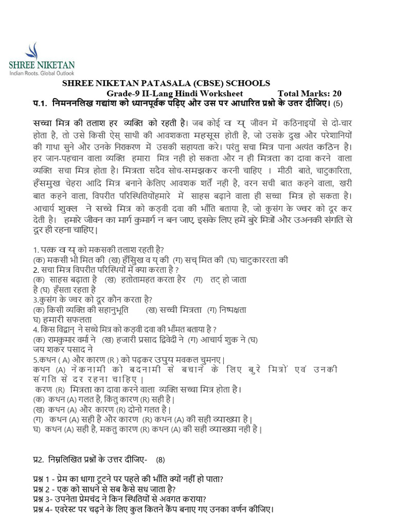 Grade 9 Hindiworksheet1 | PDF