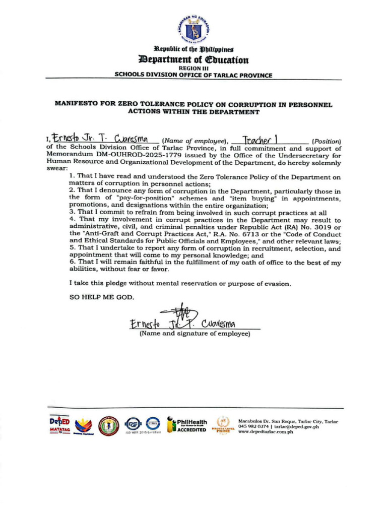 Manifesto For Zero Tolerance Policy On Corruption in Personnel Actions ...