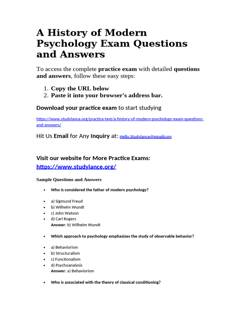 A History of Modern Psychology Exam Questions and | PDF | Psychology ...