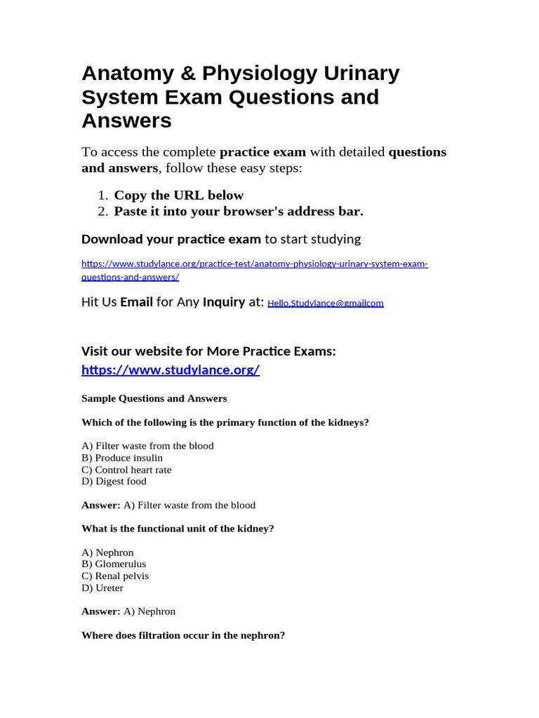 Anatomy & Physiology Urinary System Exam Questions and Answers | PDF | Kidney | Urinary System