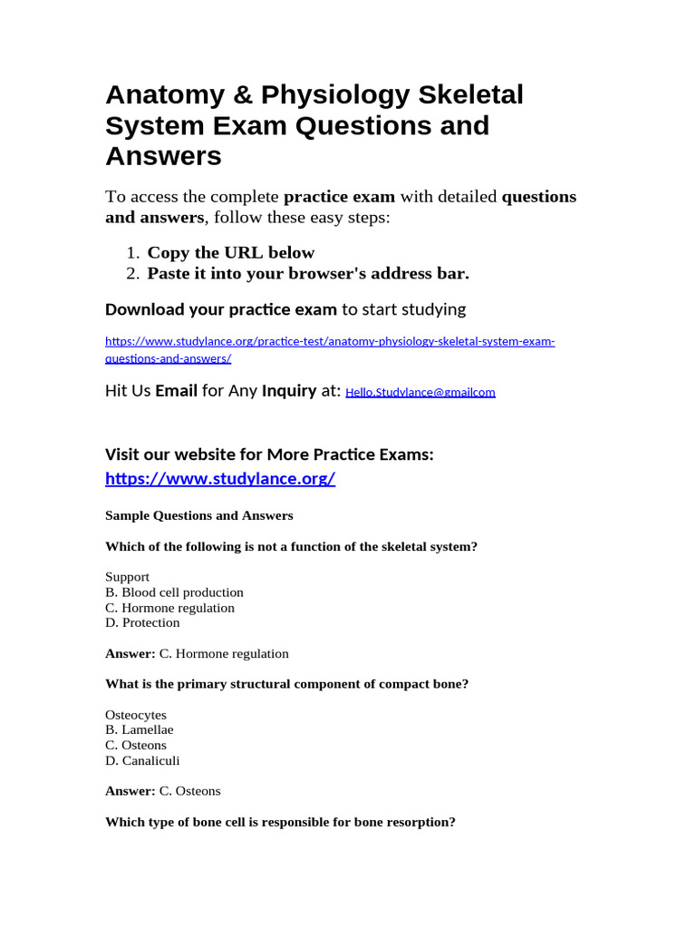 Anatomy & Physiology Skeletal System Exam Questions and Answers | PDF ...