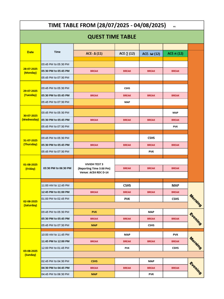 Weekly Quest Time Table (28/07-04/08) | PDF