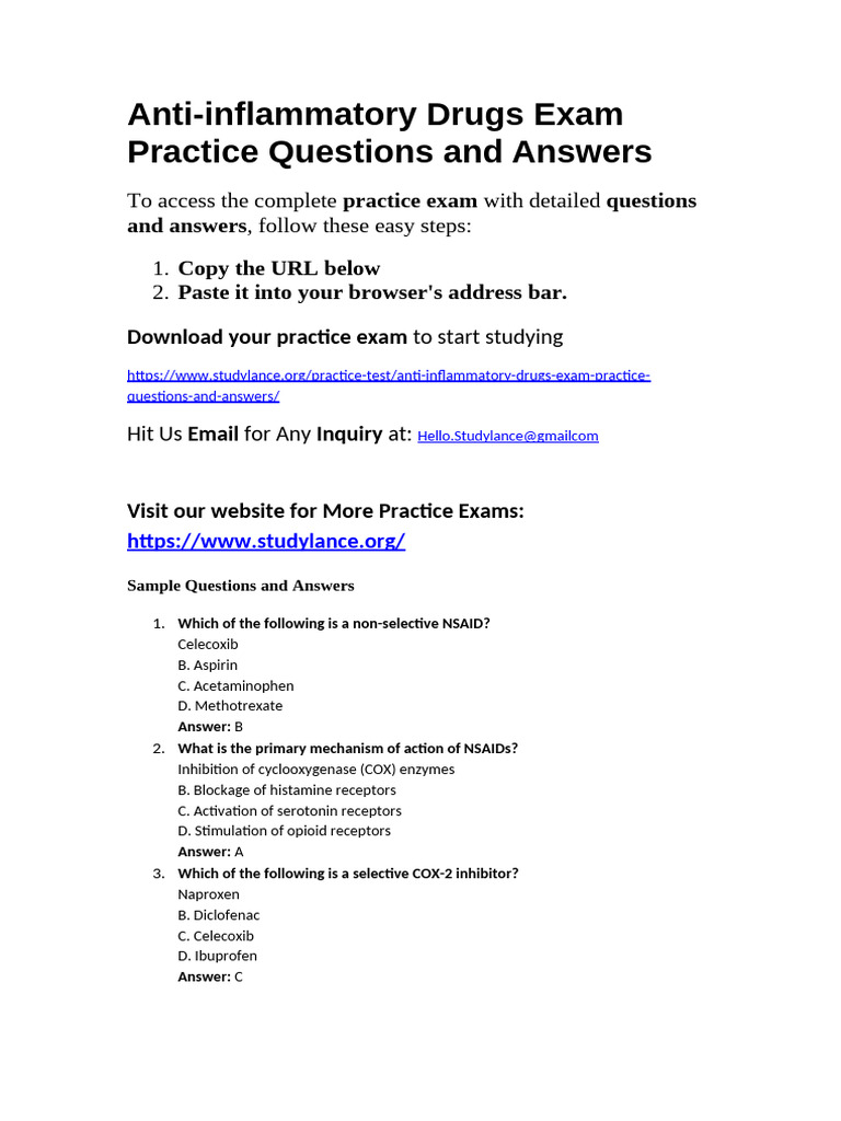 Anti-Inflammatory Drugs Exam Practice Questions and Answers | PDF ...