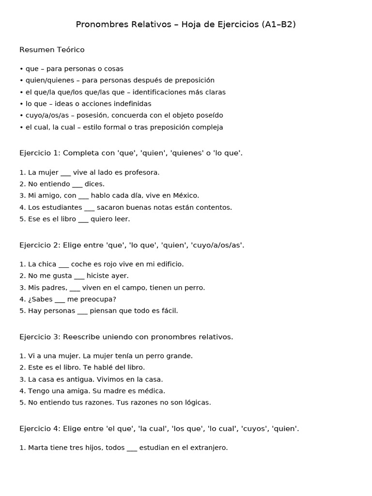 Ejercicios de Pronombres Relativos | PDF