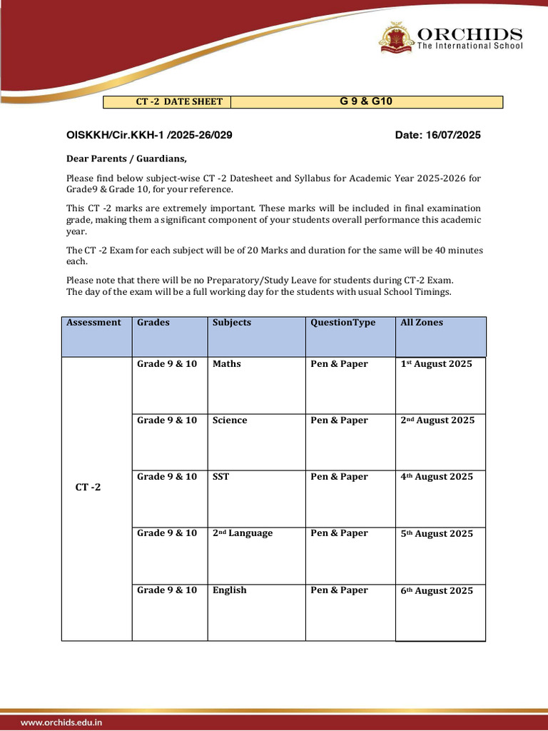 CT-2 Datesheet for Grades 9 & 10 | PDF