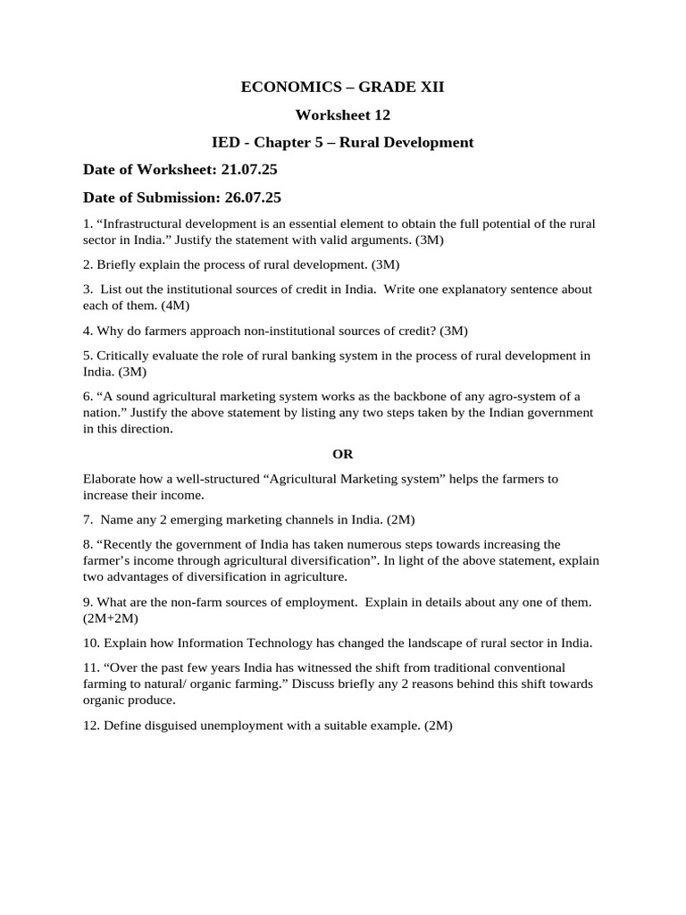 Economics Grade XII Worksheet 12 - IED - Rural Dev | PDF