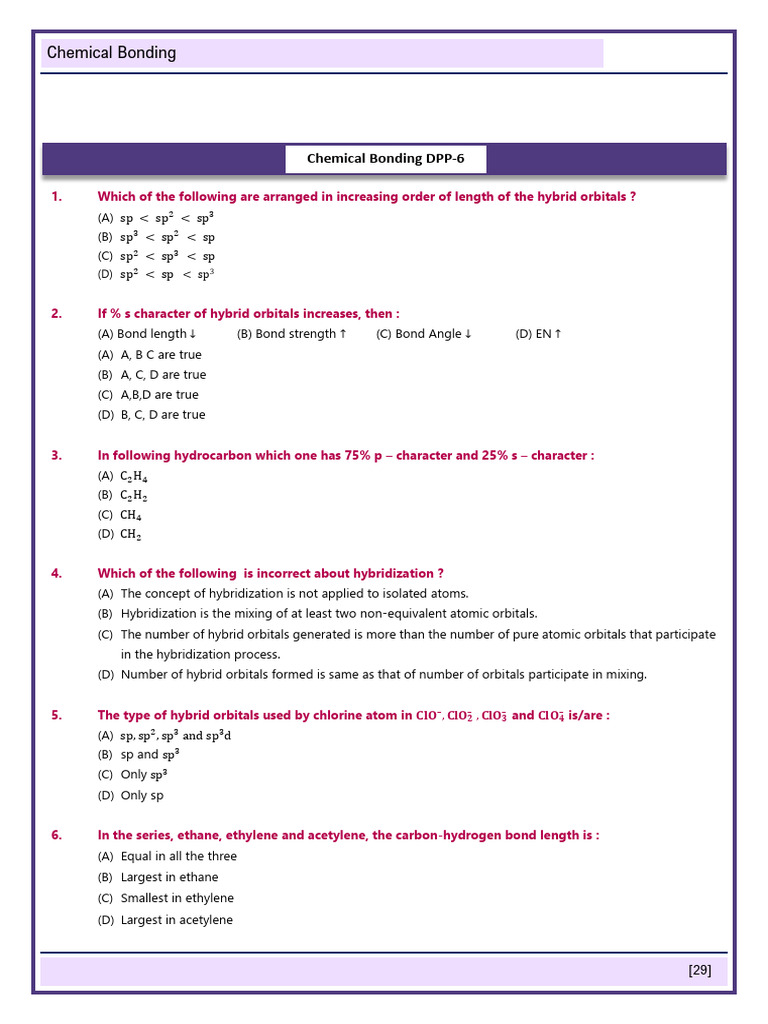 Chemical Bonding Practice Sheets (Hybridisation and VSEPRT) | PDF ...